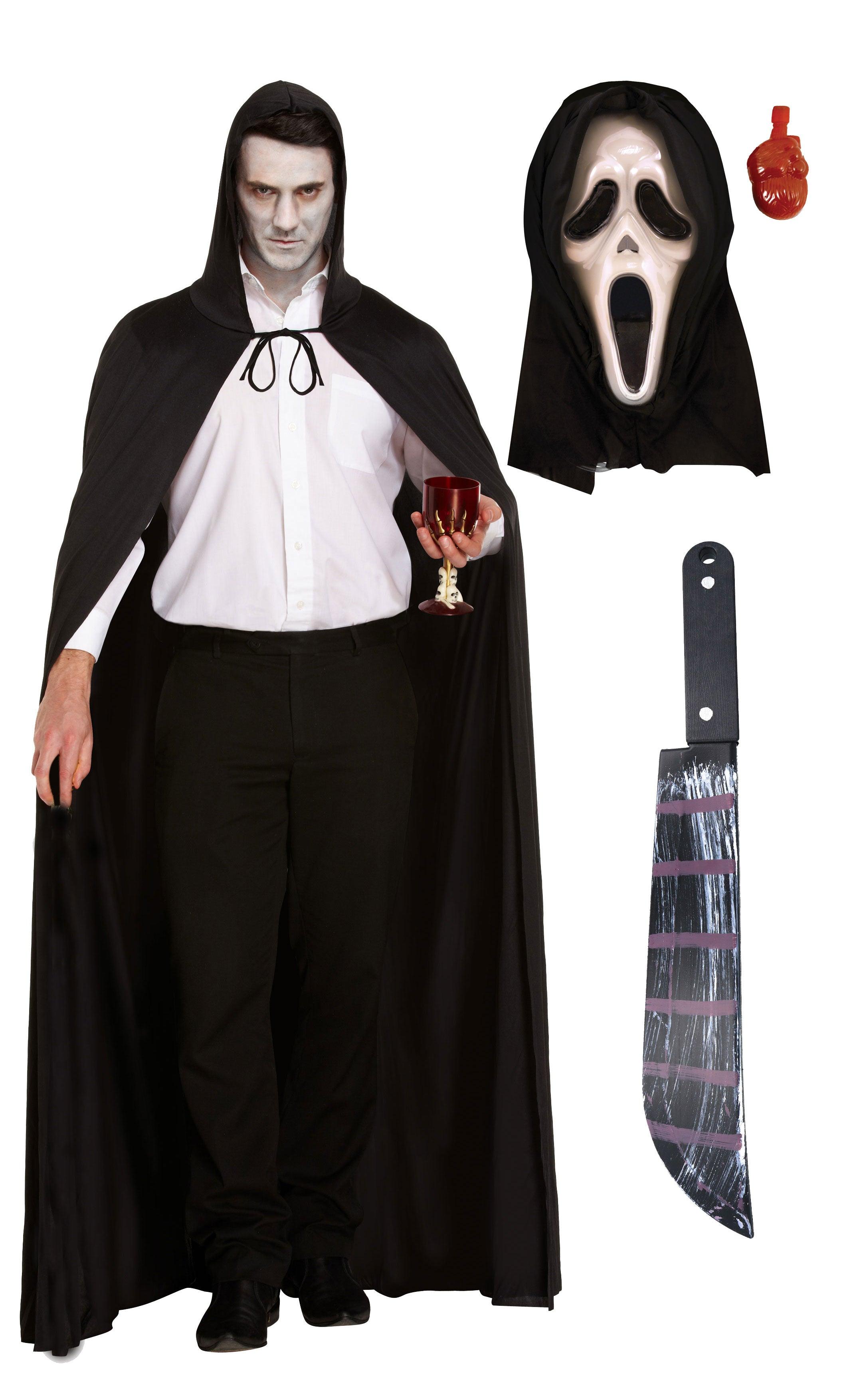 Black Hooded Cape Scream Bleeding Mask Fake blooded Machete Halloween ...