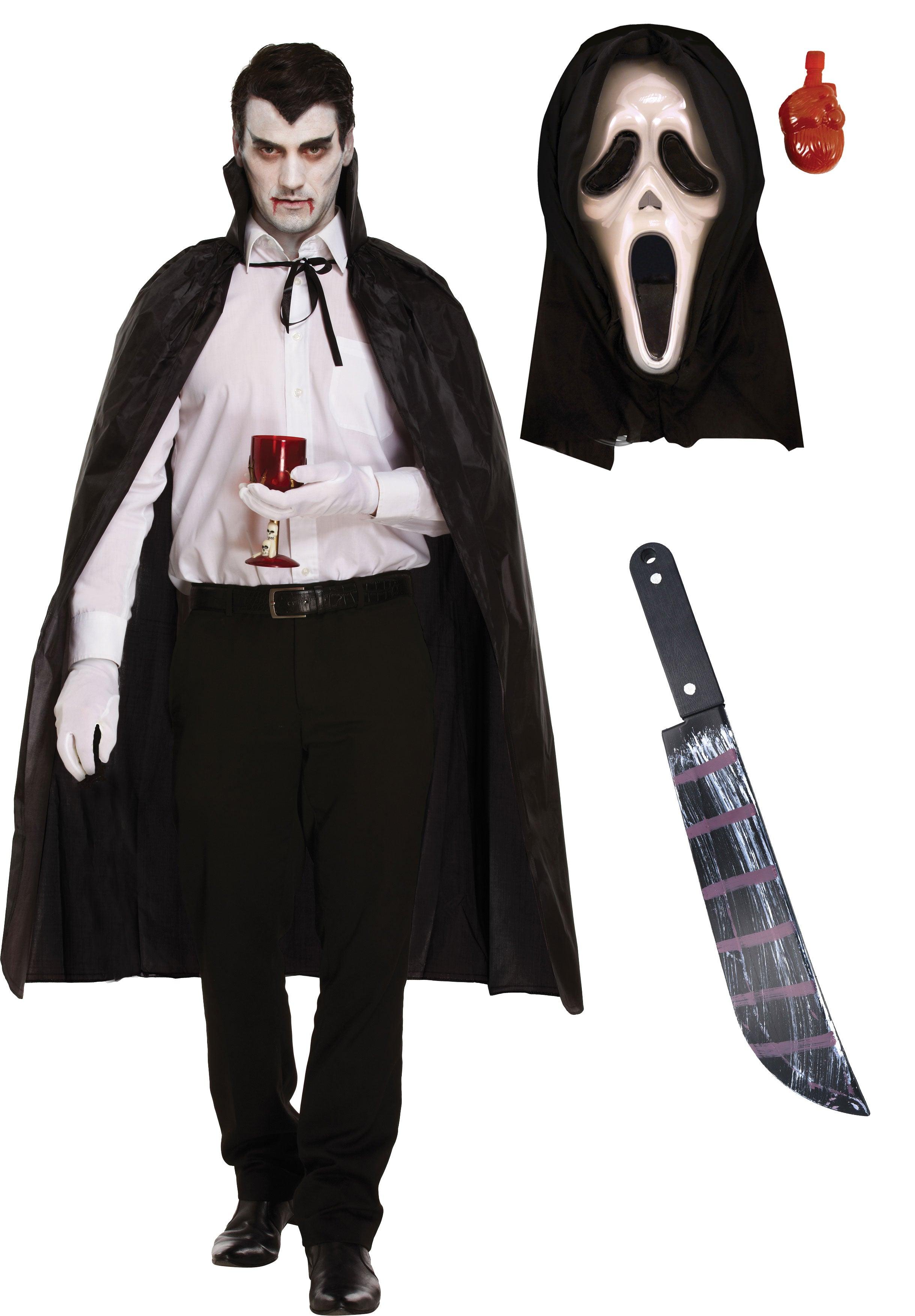 Black Long Dracula Cape with Collar, Scream Bleeding Mask, Plastic ...