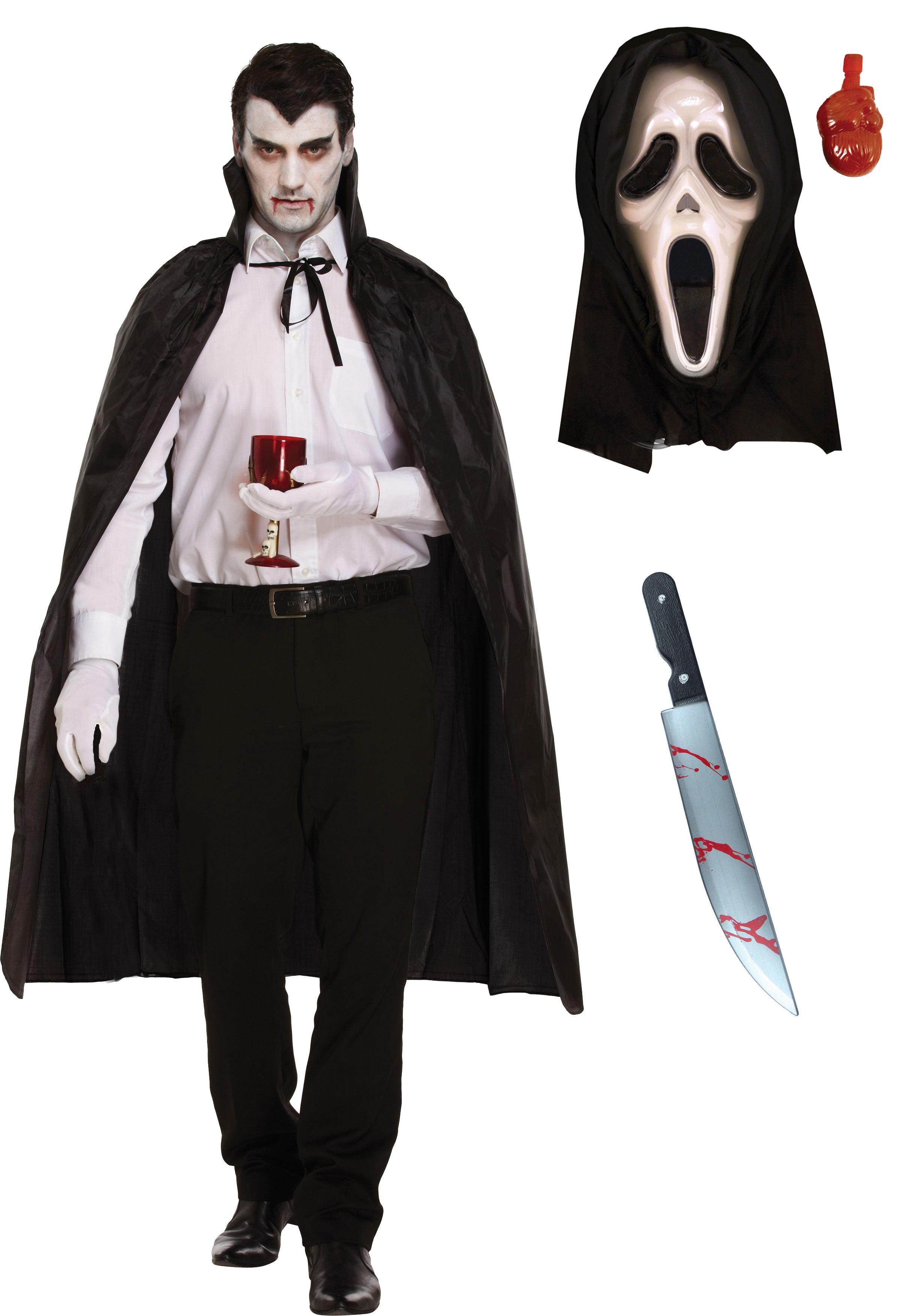 Black Long Dracula Cape with Collar, Scream Bleeding Mask, Plastic ...