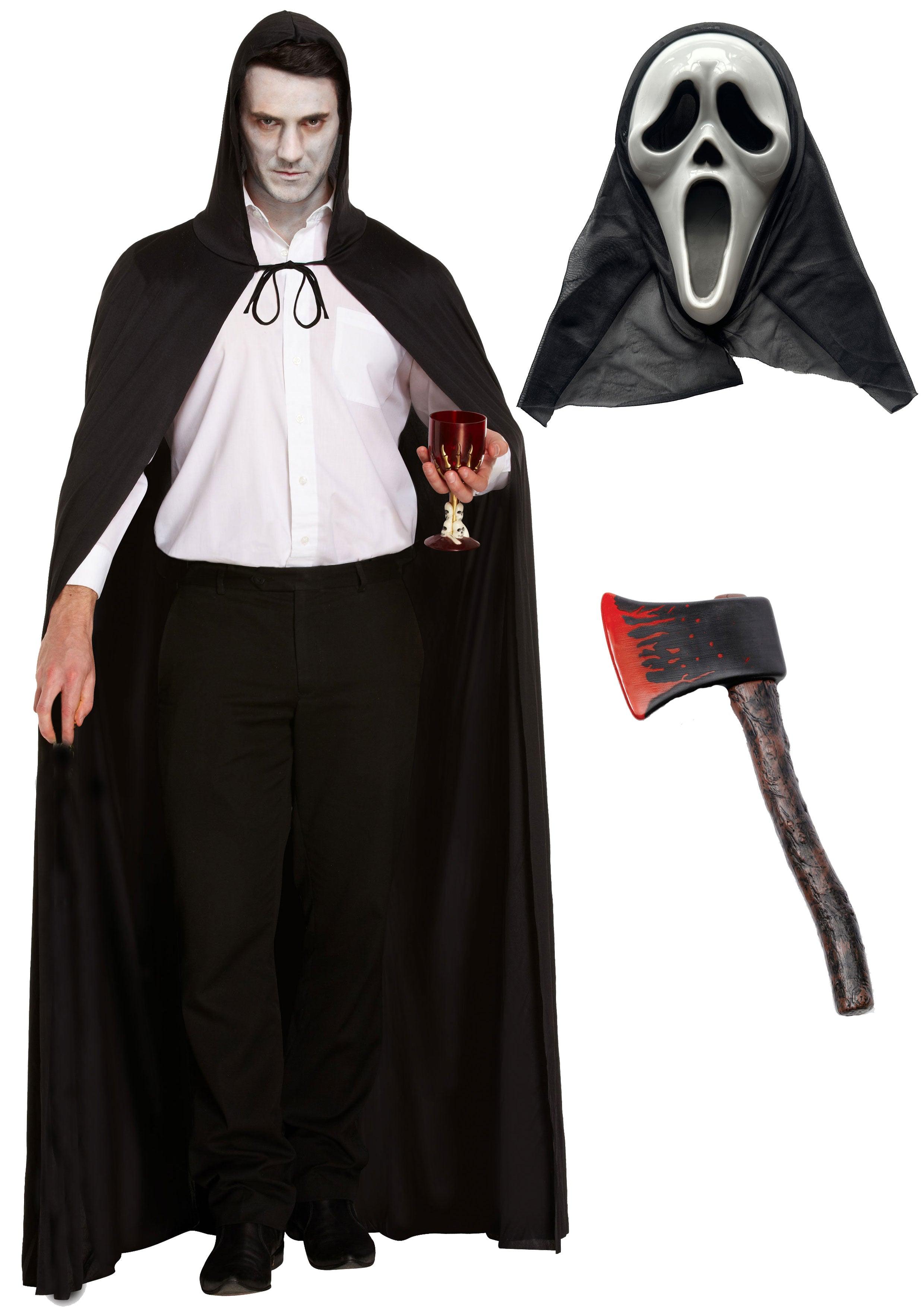 Chilling Horror Costume Set: Long Black Cape, Scream Ghost Killer Mask ...