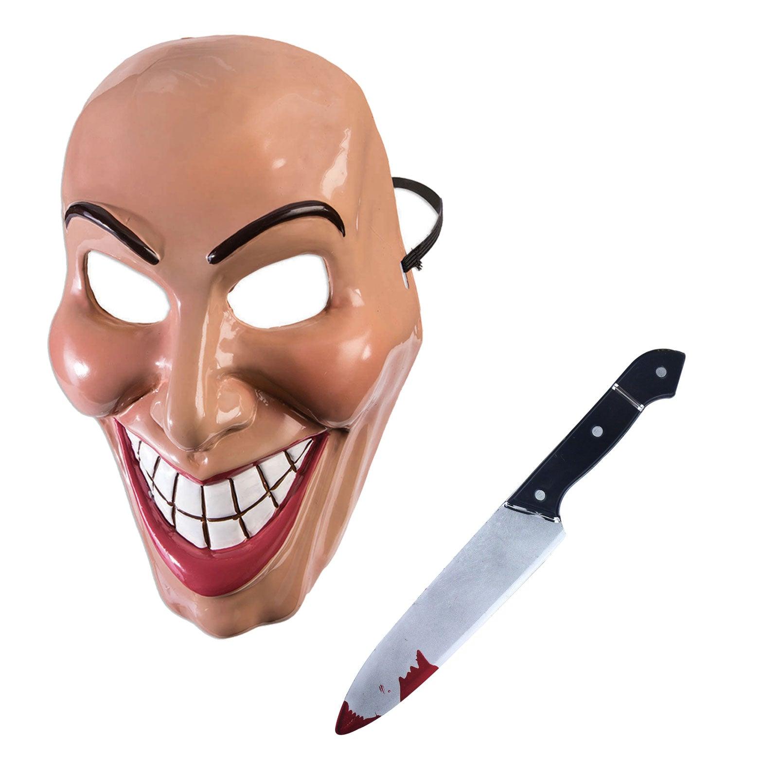 Female Evil Grin Purge Mask with Blood Splattered Plastic Knife ...