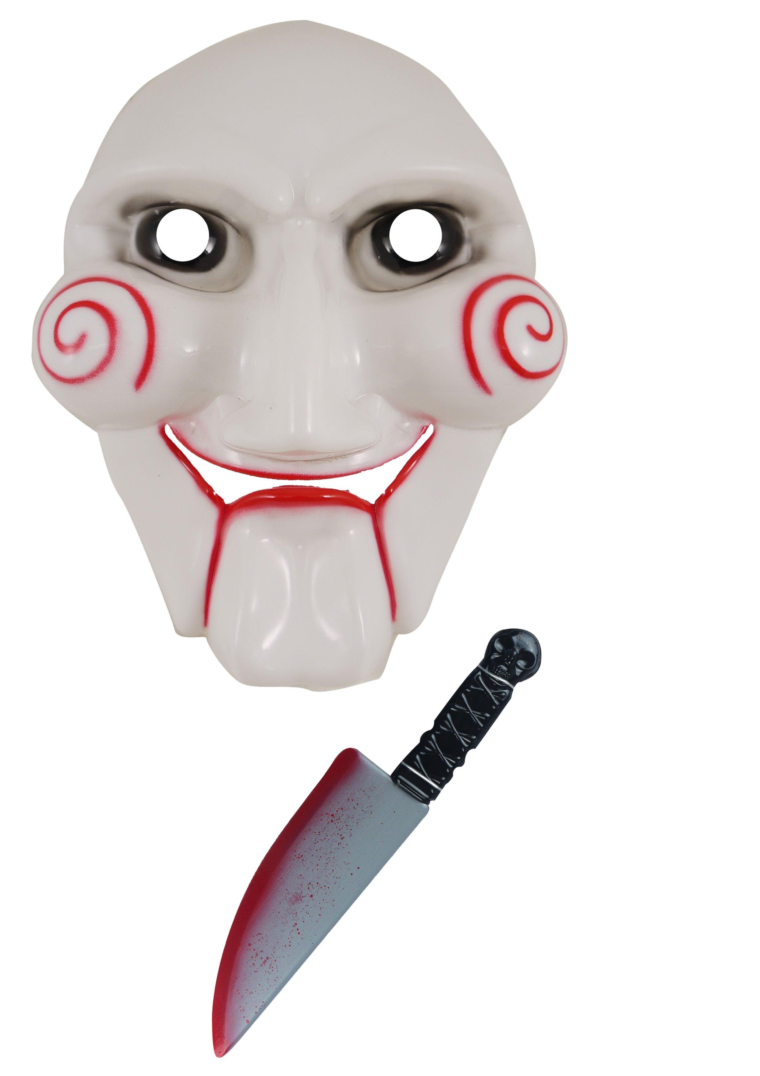 Horror Clown Costume Set: Scary Jigsaw Face Mask and 38cm Fake Blooded ...