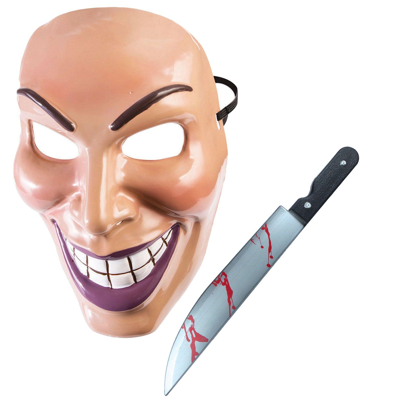 Male Evil Grin Purge Face Mask with Fake Bloody Kitchen Knife Prop ...