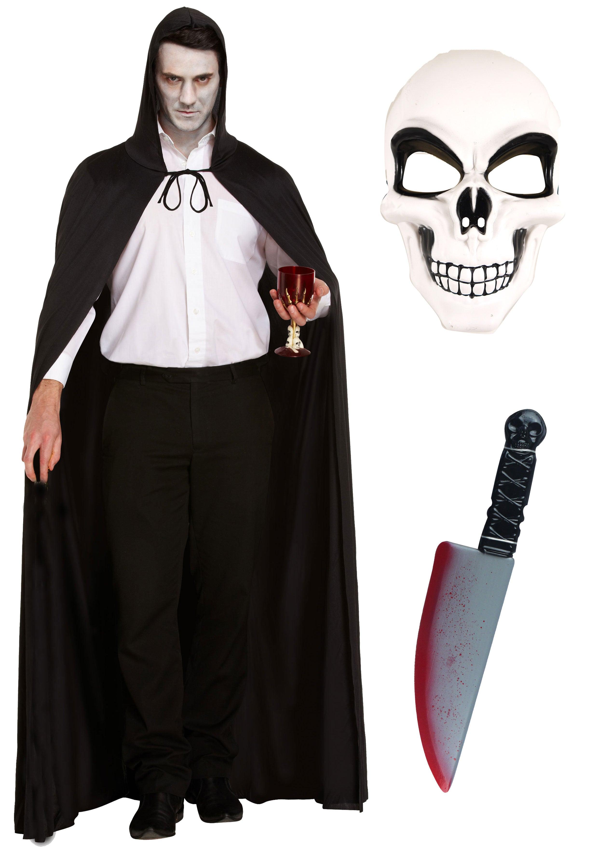 Nightmare Unleashed Costume Set: Long Black Cape, Hood, White Skeleton ...