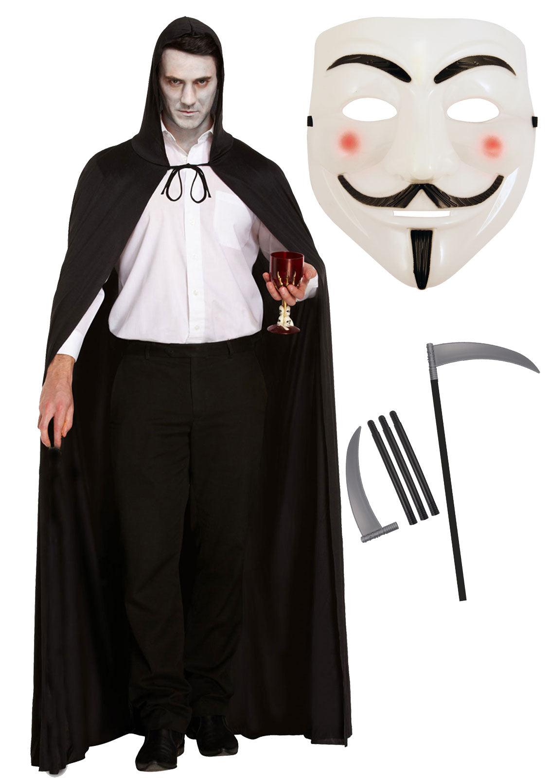 "V for Vendetta Mask, Long Black Hooded Cape, Grim Reaper Scythe ...